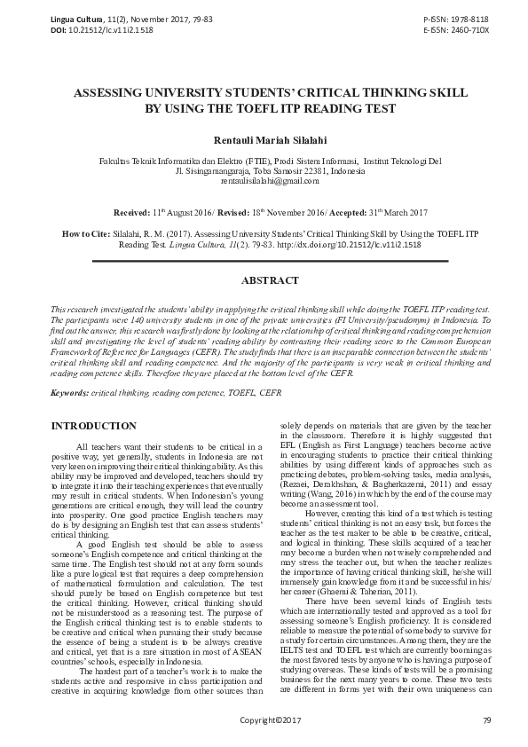 (PDF) Assessing University Students’ Critical Thinking Skill by Using ...