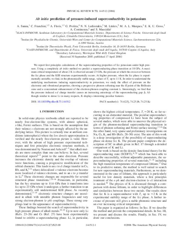 (PDF) Ab initio prediction of pressure-induced superconductivity in potassium