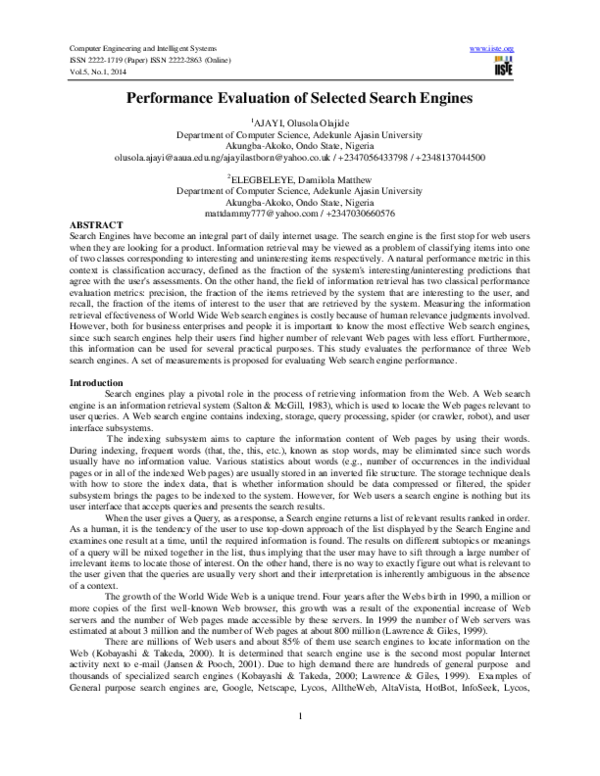 (PDF) Performance Evaluation of Selected Search Engines on the Internet
