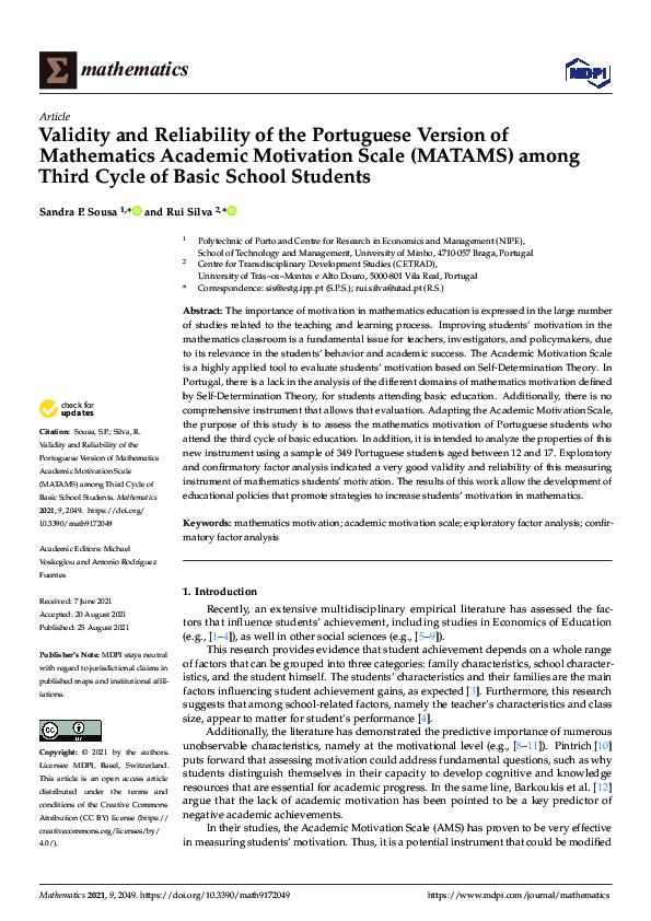 (PDF) Validity and Reliability of the Portuguese Version of Mathematics Academic Motivation ...