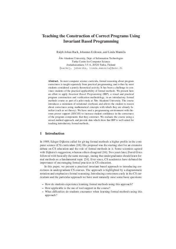 Teaching the Construction of Correct Programs Using Invariant Based Programming