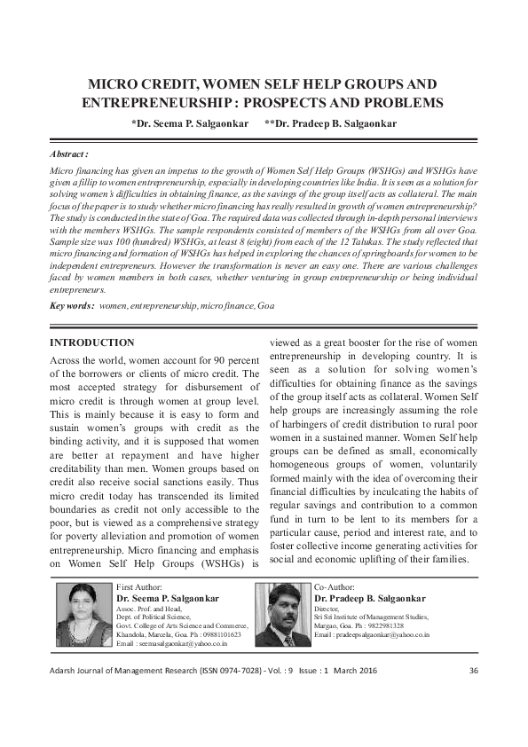 (PDF) Micro Credit, Women Self Help Groups and Entrepreneurship ...