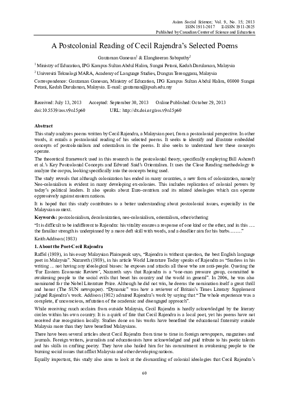 (PDF) A Postcolonial Reading of Cecil Rajendra's Selected Poems