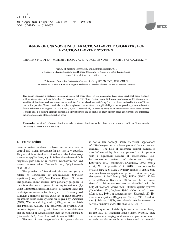 Pdf Design Of Unknown Input Fractional Order Observers For Fractional Order Systems