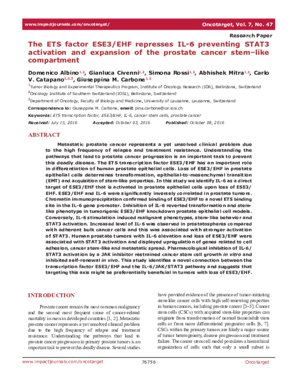 (PDF) The ETS factor ESE3/EHF represses IL-6 preventing STAT3 activation and expansion of the ...