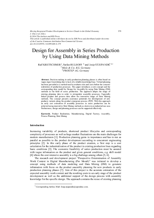 (PDF) Design for Assembly in Series Production by Using Data Mining Methods | Josip Stjepandic ...