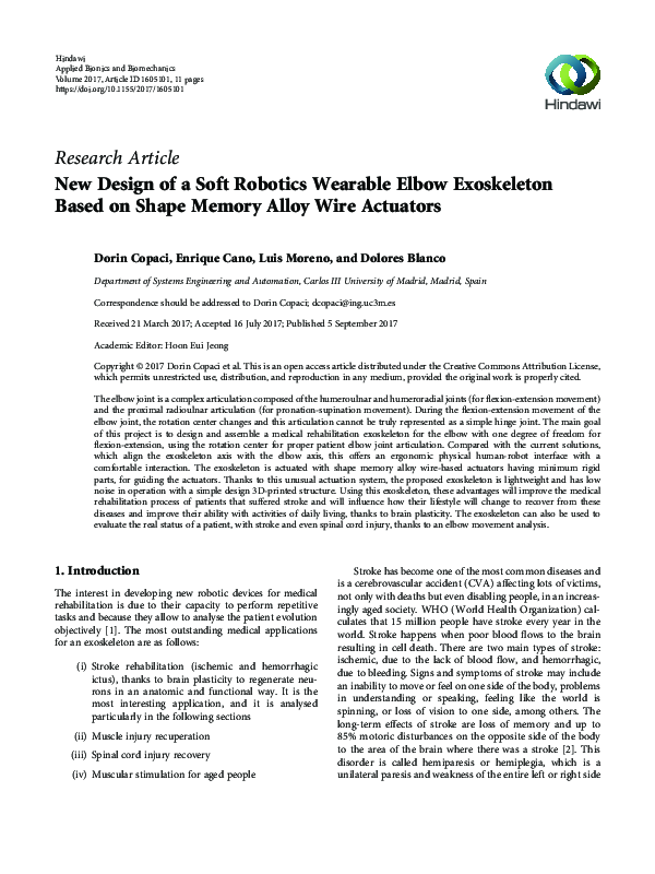Pdf New Design Of A Soft Robotics Wearable Elbow Exoskeleton Based On Shape Memory Alloy Wire