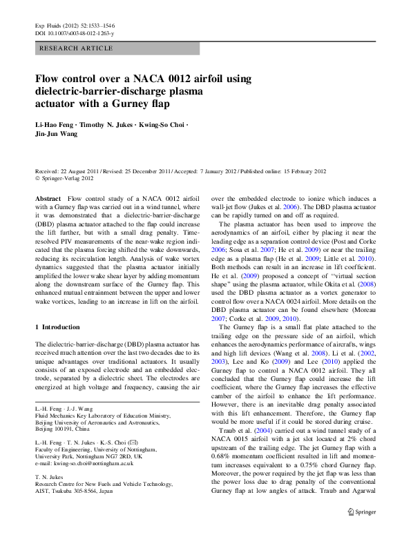 (PDF) Flow control over a NACA 0012 airfoil using dielectric-barrier-discharge plasma actuator ...