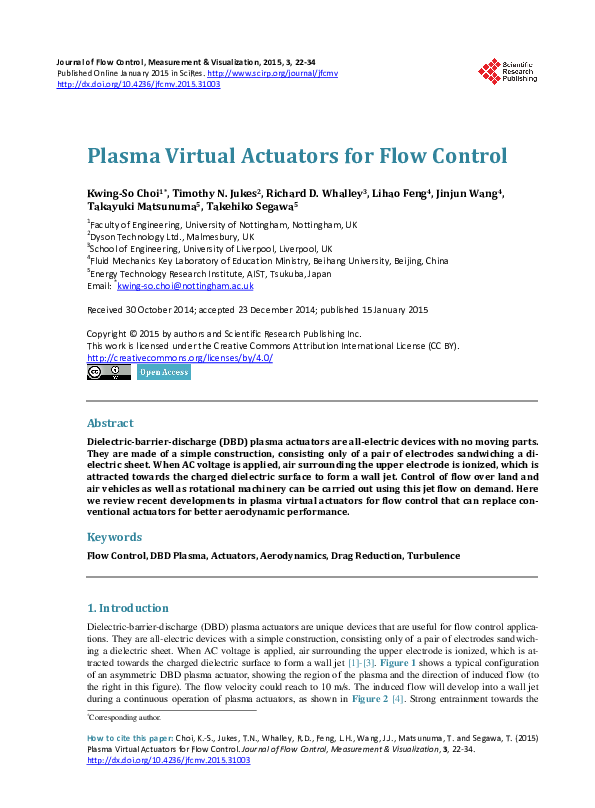 (PDF) Plasma Virtual Actuators for Flow Control