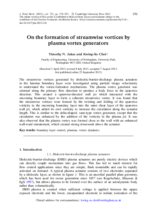 (PDF) On the formation of streamwise vortices by plasma vortex generators