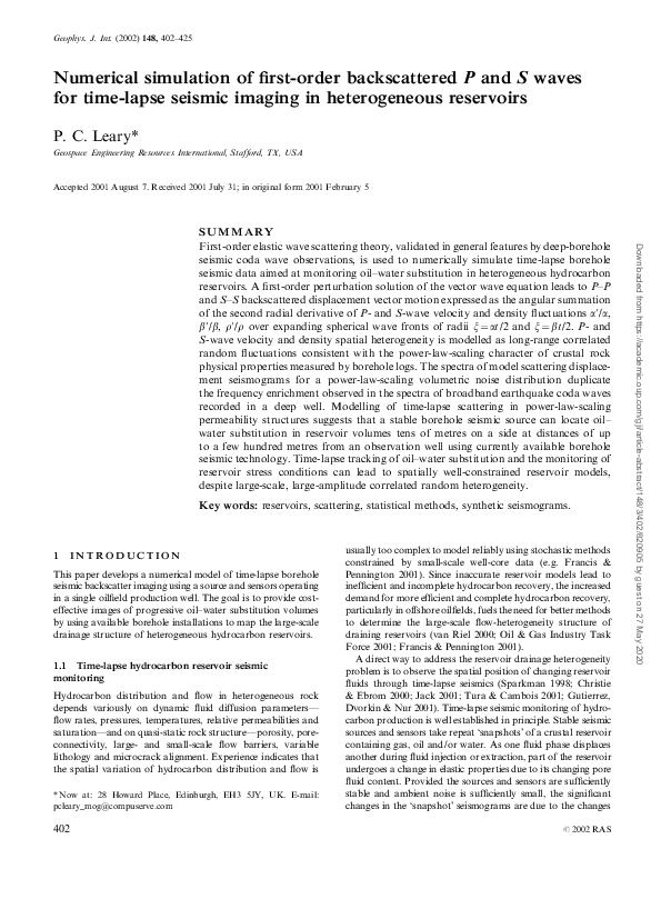 (PDF) Numerical simulation of first-order backscattered P and S waves for time-lapse seismic ...