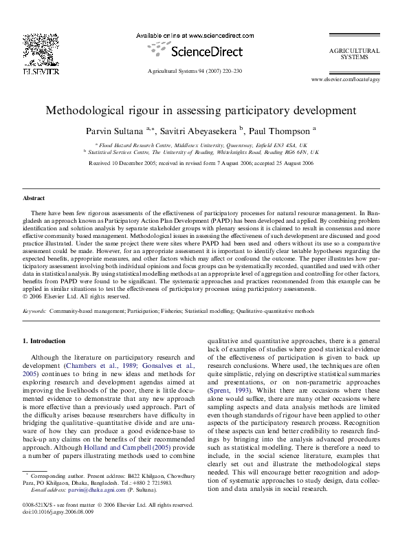 (PDF) Methodological rigour in assessing participatory development