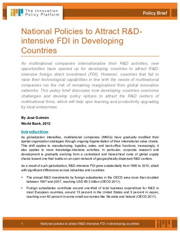 (PDF) National policies to attract R&D-intensive FDI in developing ...