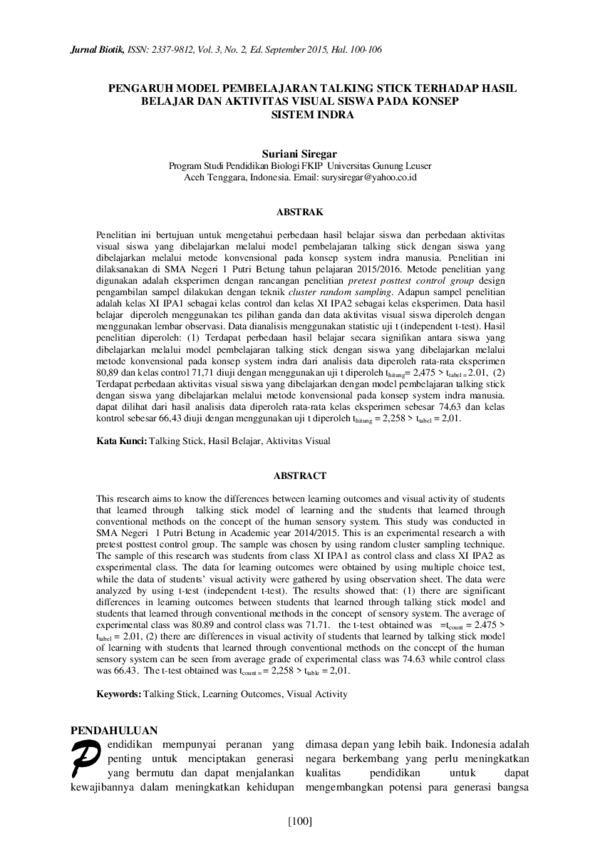 (PDF) Pengaruh Model Pembelajaran Talking Stick Terhadap Hasil Belajar dan Aktivitas Visual ...