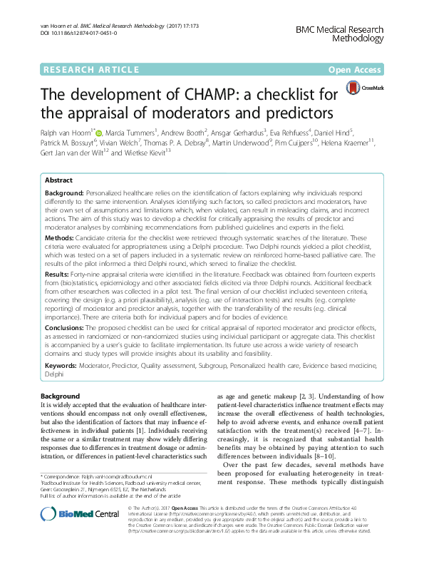 (PDF) The development of CHAMP: a checklist for the appraisal of ...