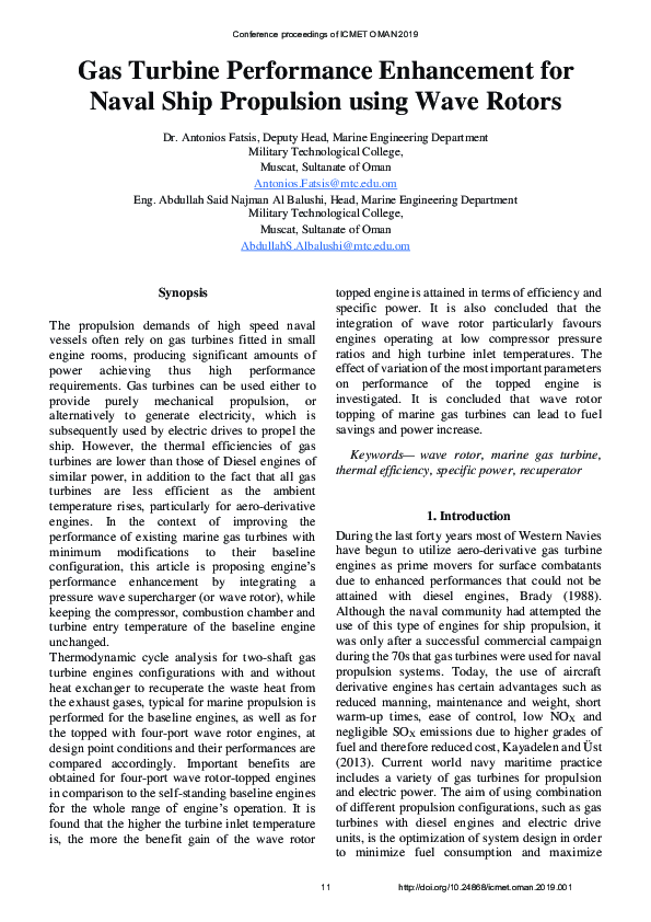 (PDF) Gas Turbine Performance Enhancement for Naval Ship Propulsion using Wave Rotors