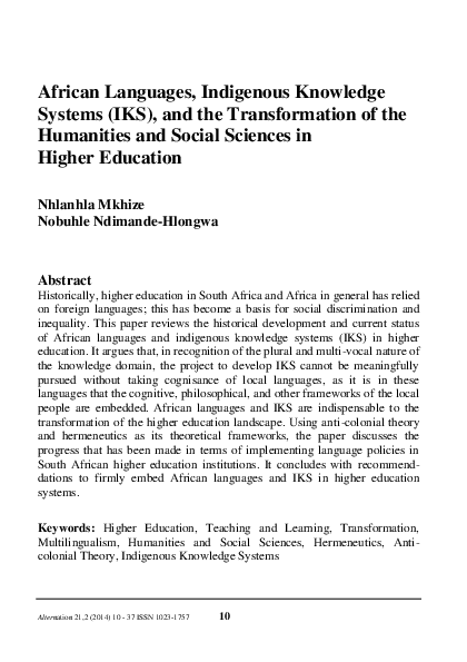 (PDF) African Languages, Indigenous Knowledge Systems (IKS), and the ...