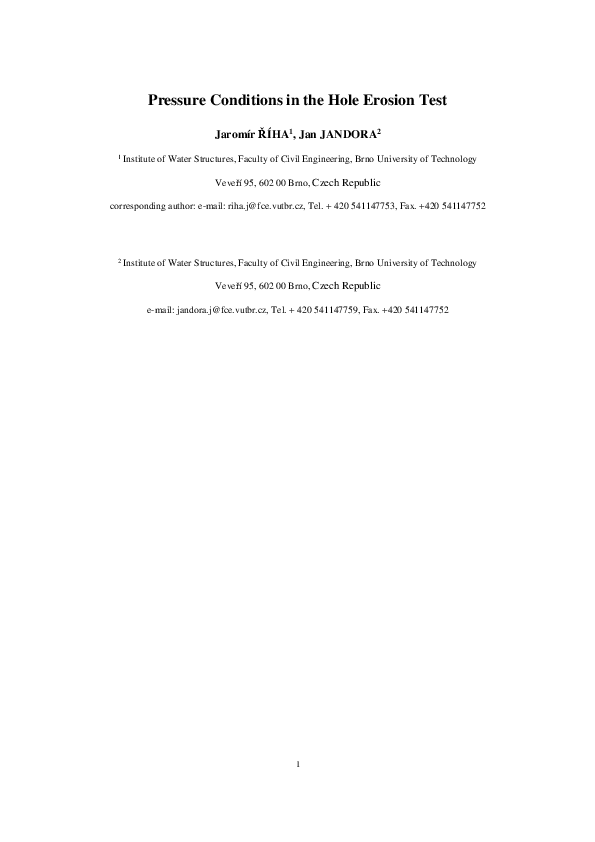 (PDF) Pressure conditions in the hole erosion test
