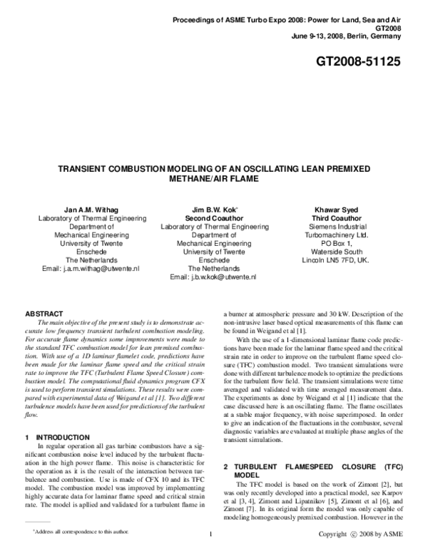 Pdf Transient Combustion Modeling Of An Oscillating Lean Premixed Methane Air Flame
