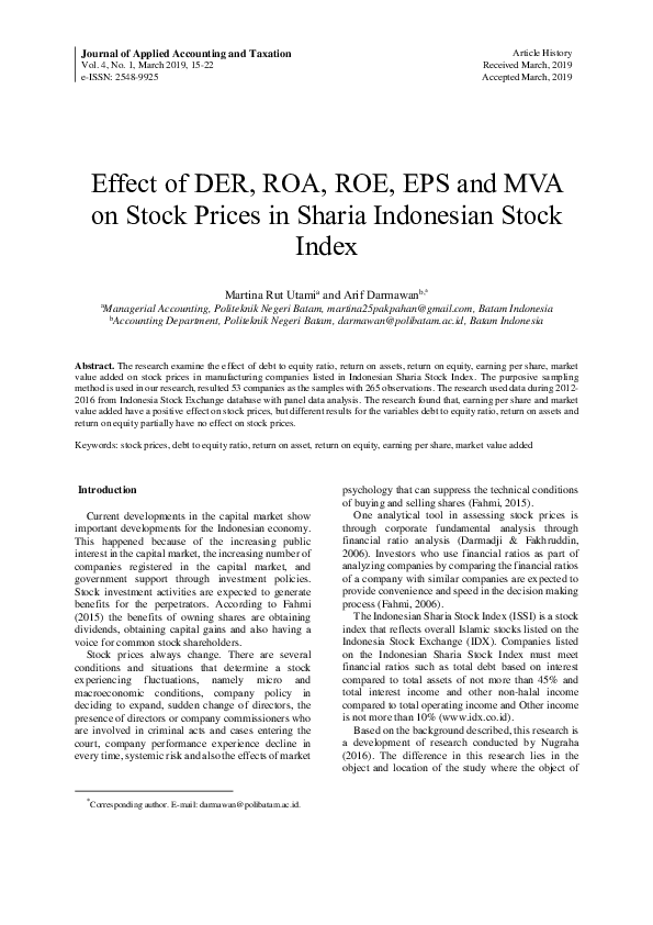 (PDF) Effect of DER, ROA, ROE, EPS and MVA on Stock Prices in Sharia ...