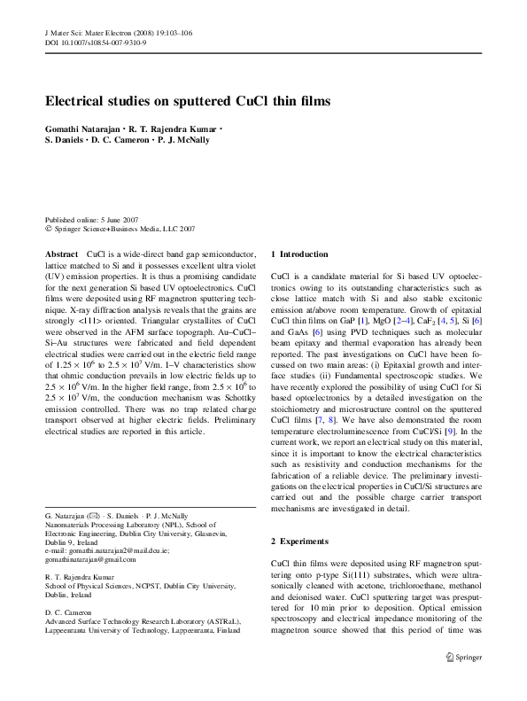 (PDF) Electrical studies on sputtered CuCl thin films