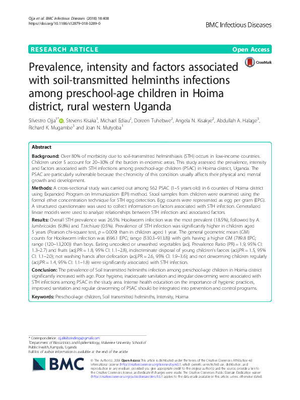 (PDF) Prevalence, intensity and factors associated with soil-transmitted helminths infections ...