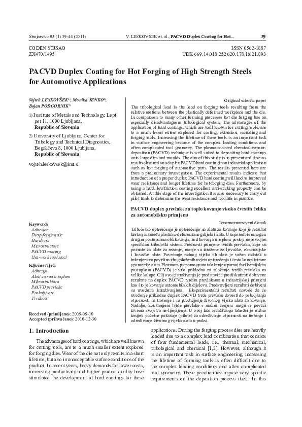 (PDF) PACVD Duplex Coating for Hot Forging of High Strength Steels for ...