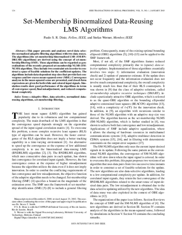 Pdf Set Membership Binormalized Data Reusing Lms Algorithms