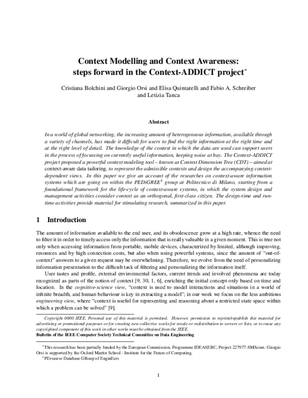 (PDF) Context Modeling and Context Awareness: steps forward in the Context-ADDICT project