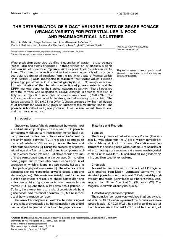 (PDF) The determination of bioactive ingredients of grape pomace (Vranac variety) for potential ...