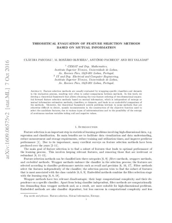 Pdf Theoretical Evaluation Of Feature Selection Methods Based On Mutual Information