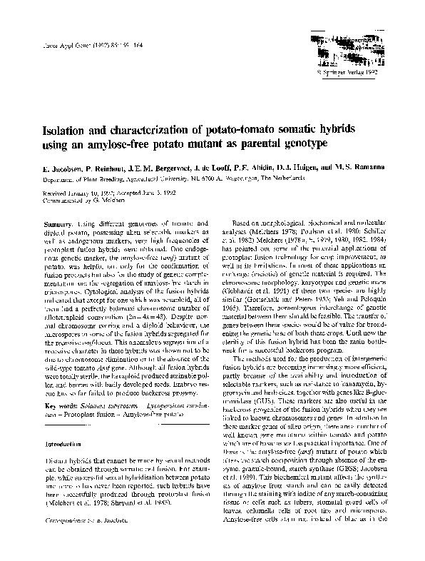 (PDF) Isolation and characterization of potato-tomato somatic hybrids ...