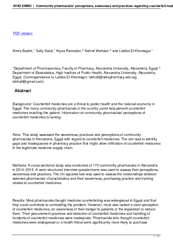 (PDF) Community pharmacists’ perceptions, awareness and practices ...