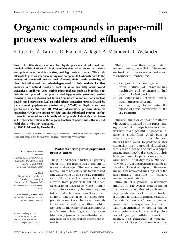 (PDF) Organic compounds in paper-mill process waters and effluents