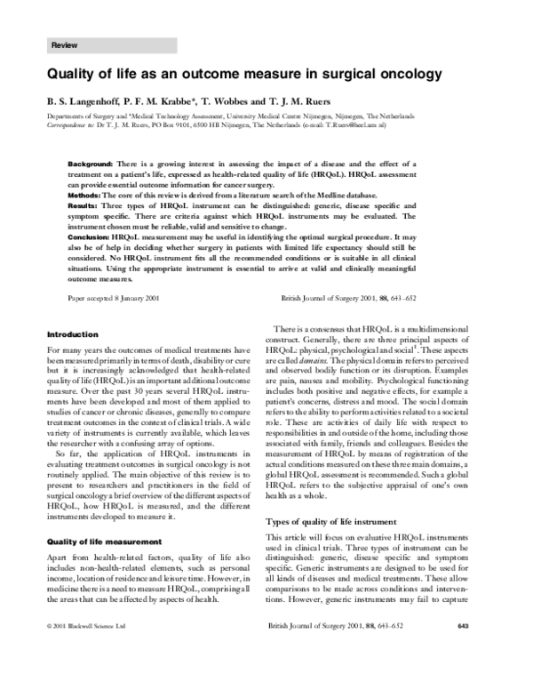 (PDF) Quality of life as an outcome measure in surgical oncology