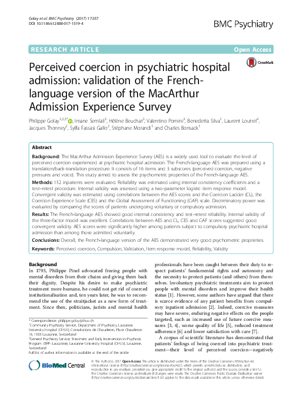 (PDF) Perceived coercion in psychiatric hospital admission: validation of the French-language ...