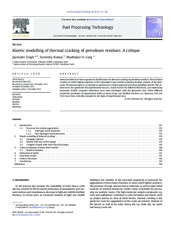 (PDF) Kinetic modelling of thermal cracking of petroleum residues: A ...