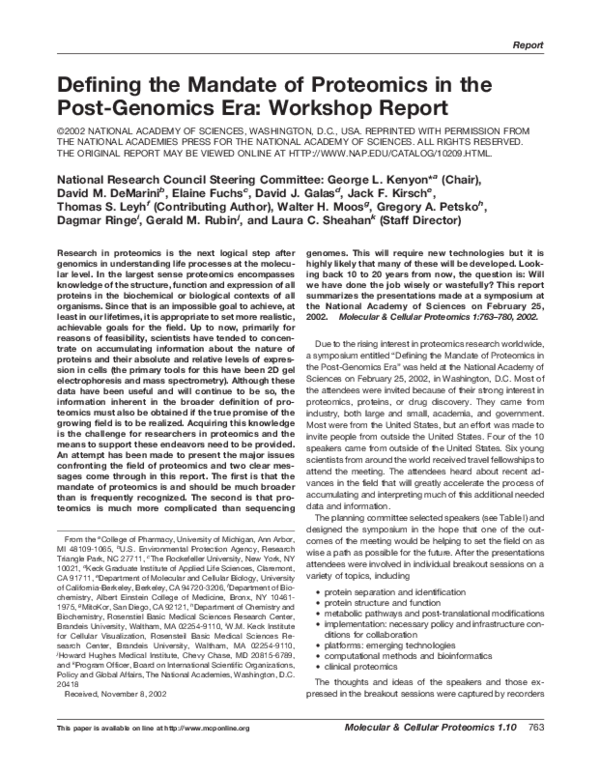(PDF) Proteomics' Role and Goals in the Post-Genomics Era