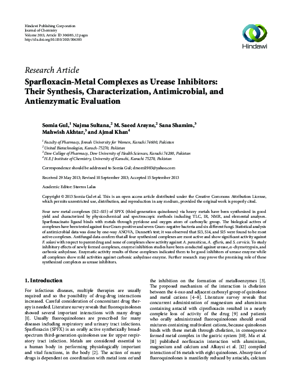 (PDF) Sparfloxacin- Metal Complexes as Urease Inhibitors: their ...