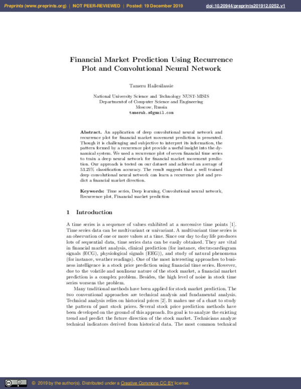 Pdf Financial Market Prediction Using Recurrence Plot And Convolutional Neural Network