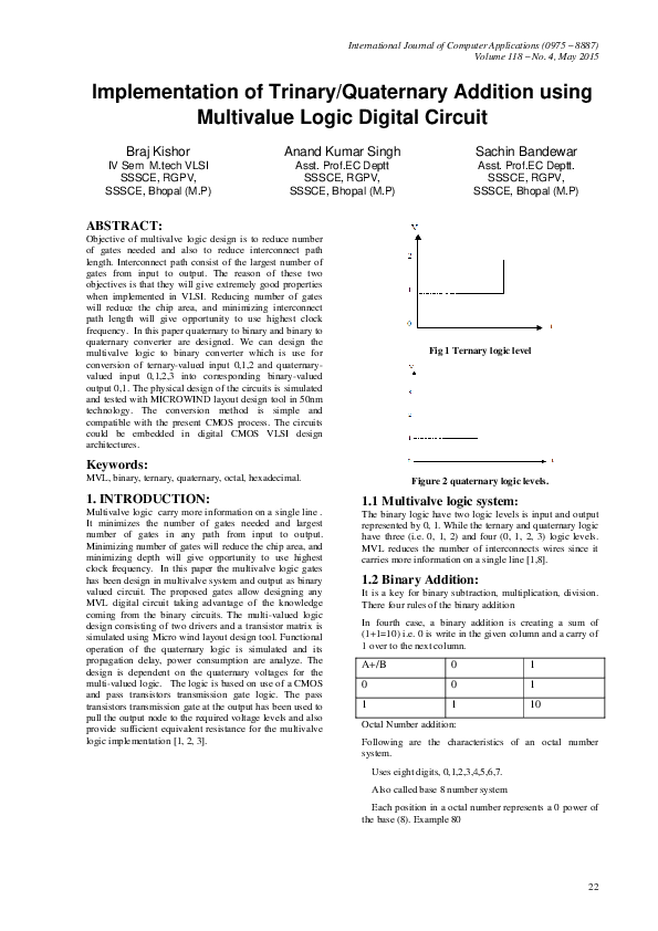 Pdf Implementation Of Trinaryquaternary Addition Using Multivalve Logic Digital Circuit