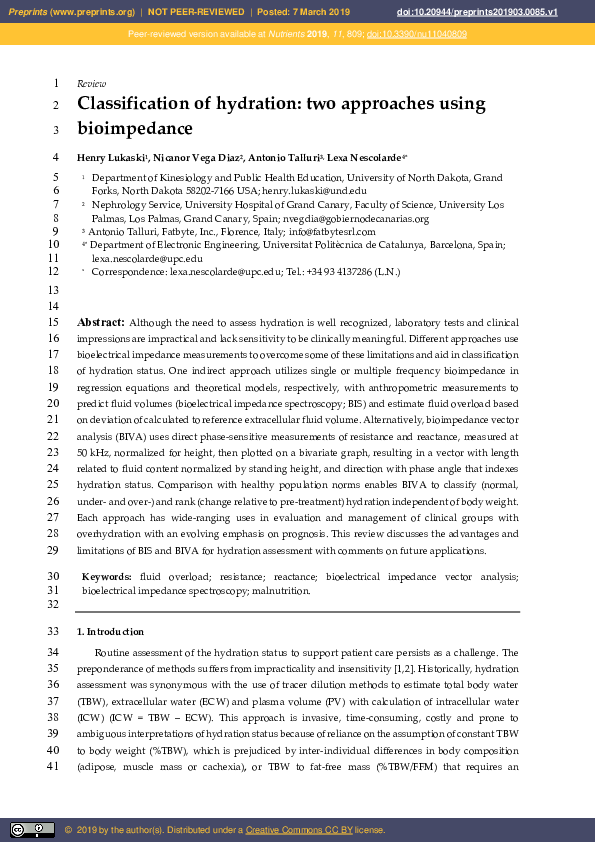(PDF) Classification of Hydration: Two Approaches Using Bioimpedance