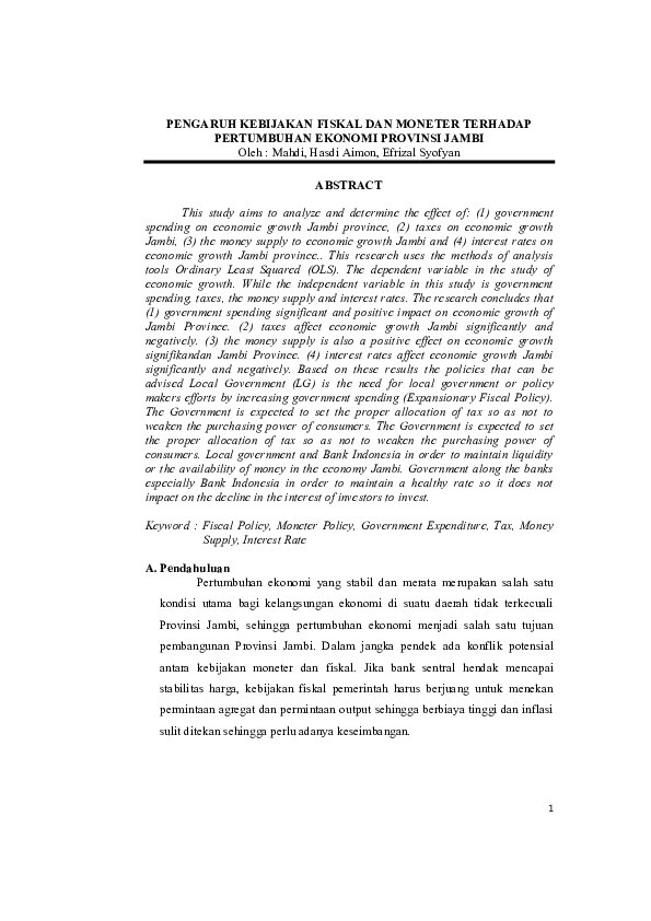 (PDF) Pengaruh Kebijakan Fiskal Dan Moneter Terhadap Pertumbuhan Ekonomi Provinsi Jambi