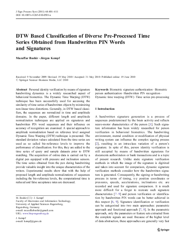 (PDF) DTW Based Classification of Diverse Pre-Processed Time Series Obtained from Handwritten ...