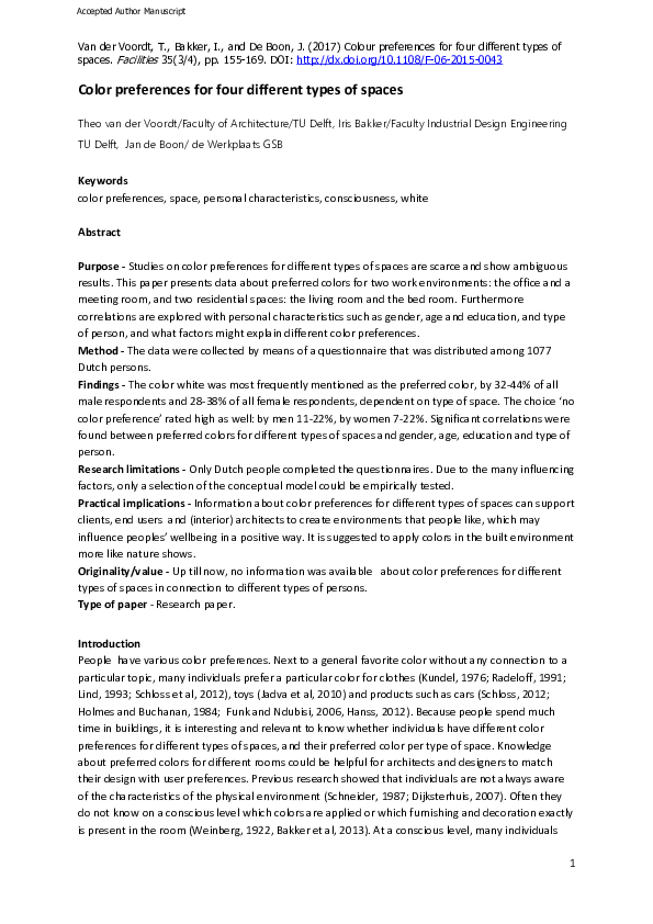 (PDF) Color preferences for four different types of spaces