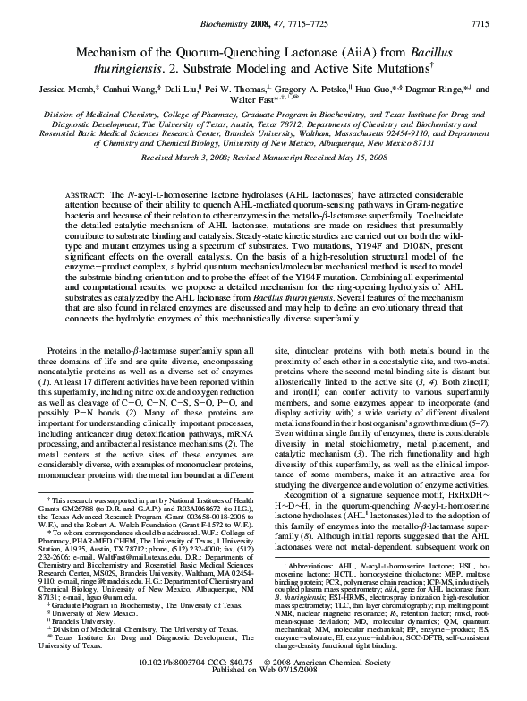 (PDF) Mechanism of the Quorum-Quenching Lactonase (AiiA) from Bacillus ...