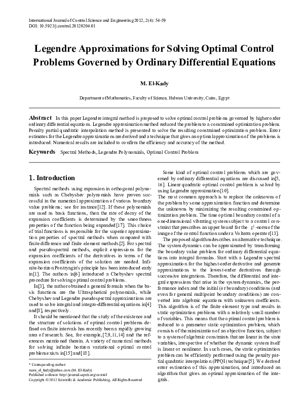 Pdf Legendre Approximations For Solving Optimal Control Problems