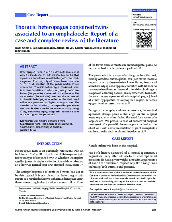 (PDF) Thoracic heteropagus conjoined twins associated to an omphalocele ...