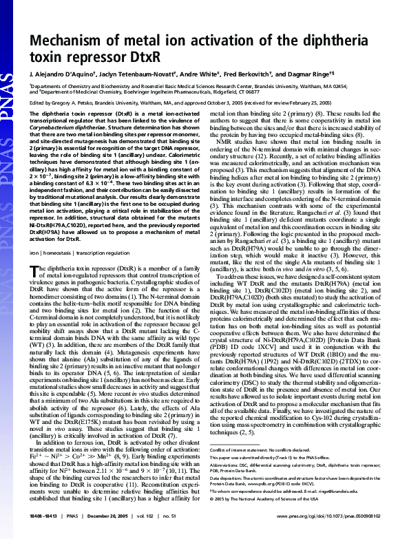 (PDF) DtxR Activation Mechanism via Metal Ions