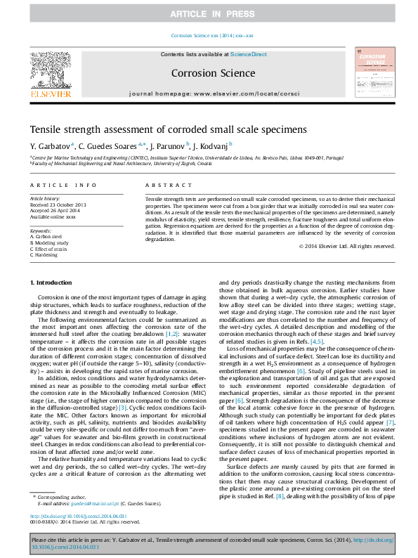 (PDF) Tensile strength assessment of corroded small scale specimens ...